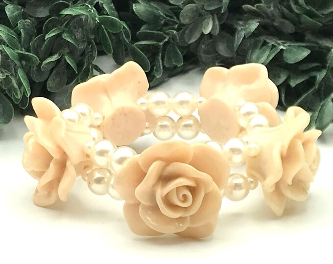 Vintage Inspired Resin Ivory Rose and Fuax Pearl Stretch Bracelet - Etsy