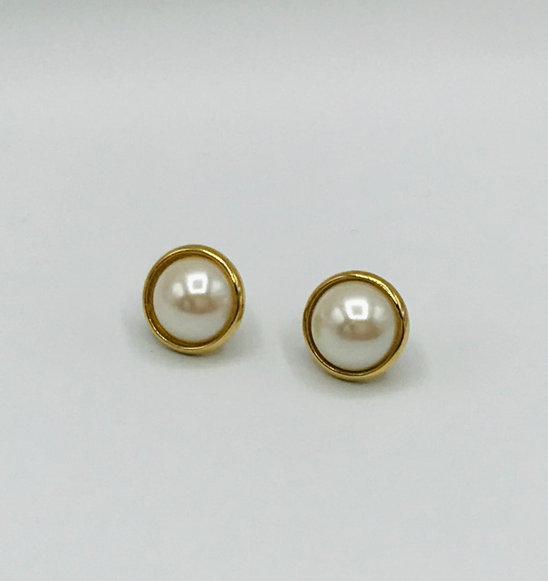 Vintage Post Earrings Gold Toned Round Domed Faux Pearl Used - Etsy