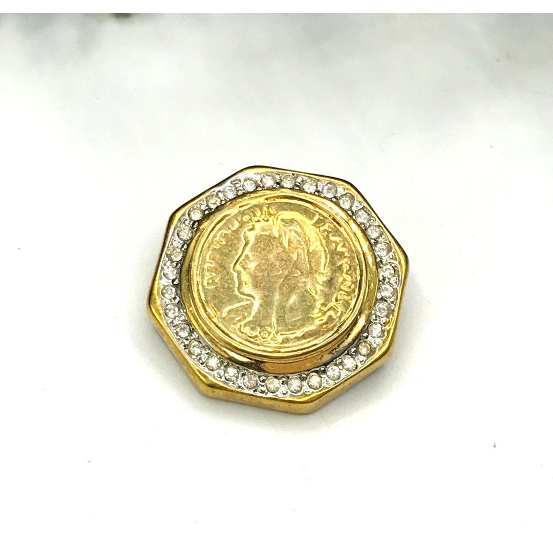 Vintage Pendant Gold Tone Faux Coin Design Clear Rhinestone Border - Etsy