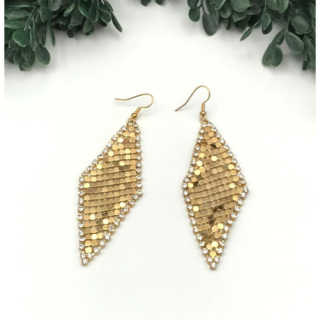Vintage Gold Mesh Dangle Earrings With Rhinestone Border - Etsy