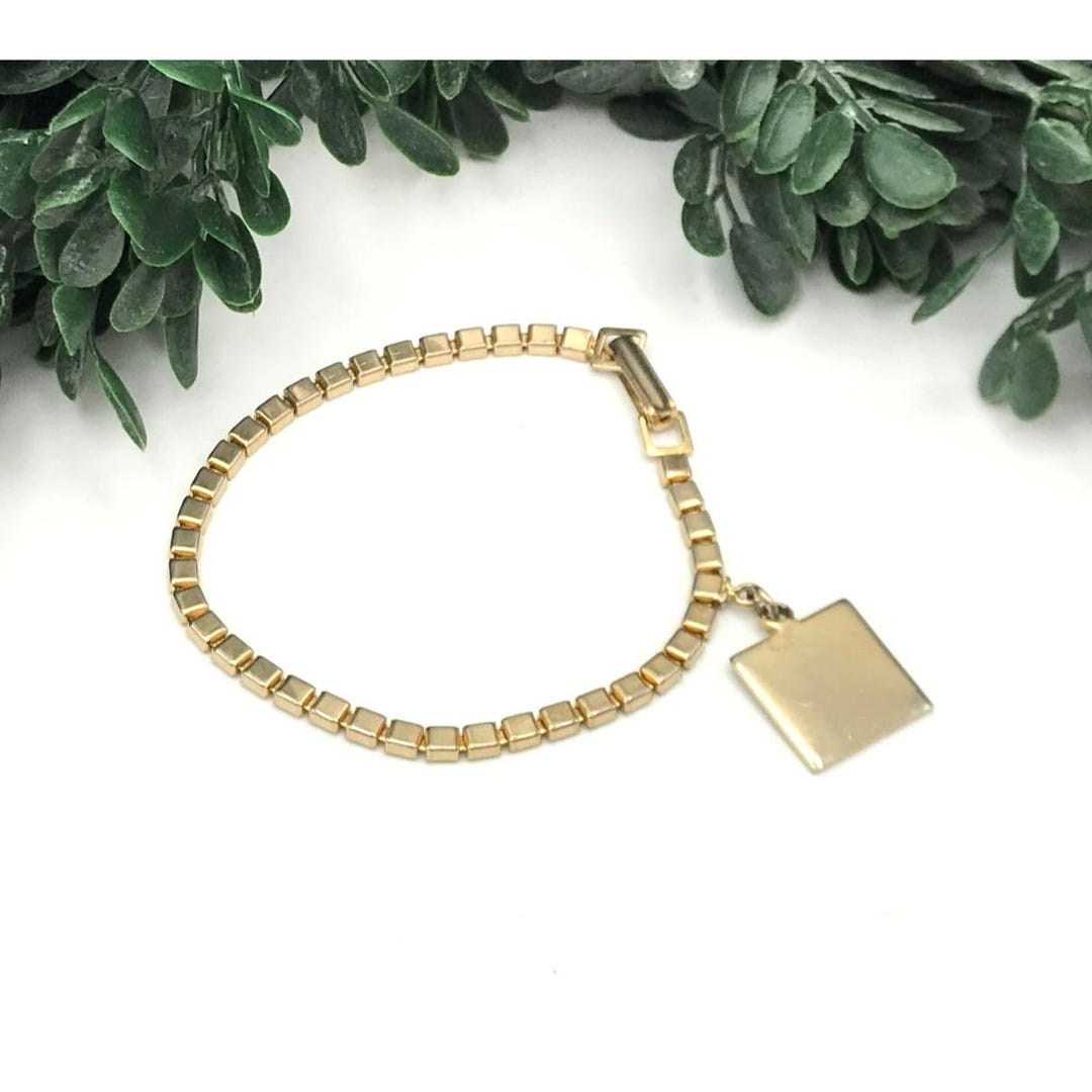 Vintage Gold-tone Box Chain Bracelet With Square Charm - Etsy