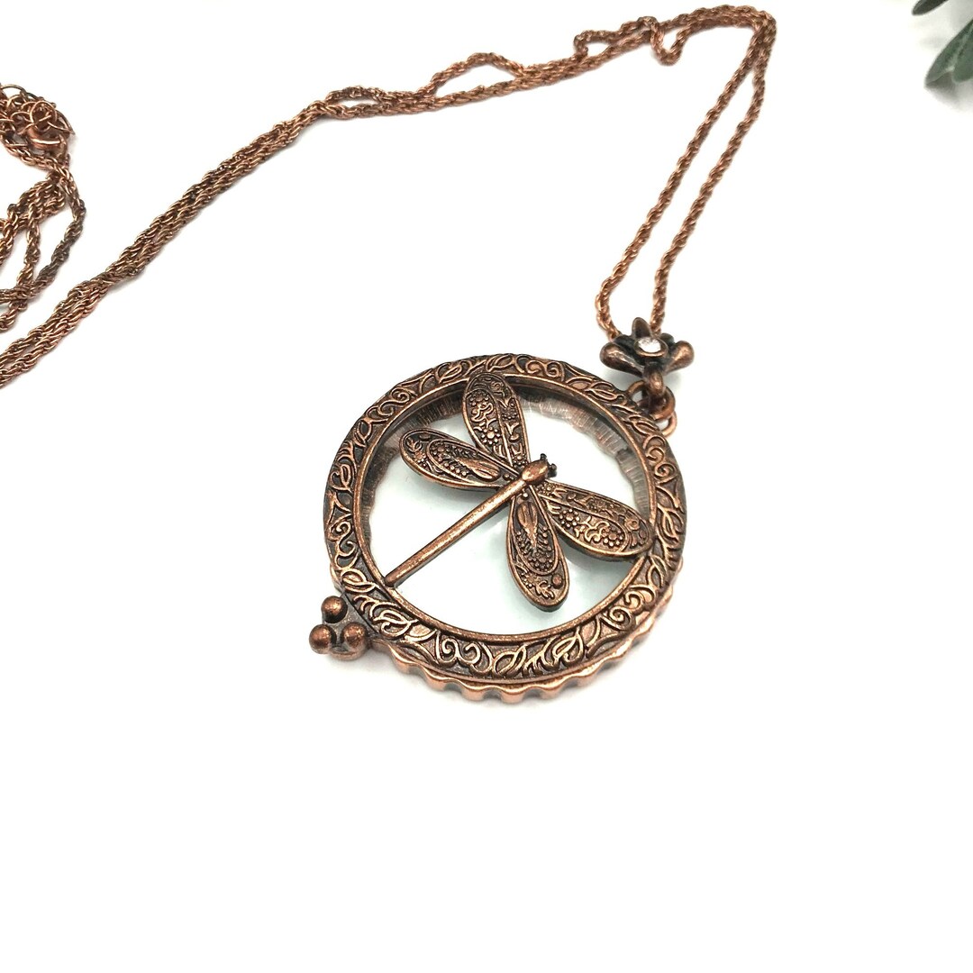 Vintage Necklace, Magnify Glass Pendant, Rose Gold Dragonfly Shape - Etsy