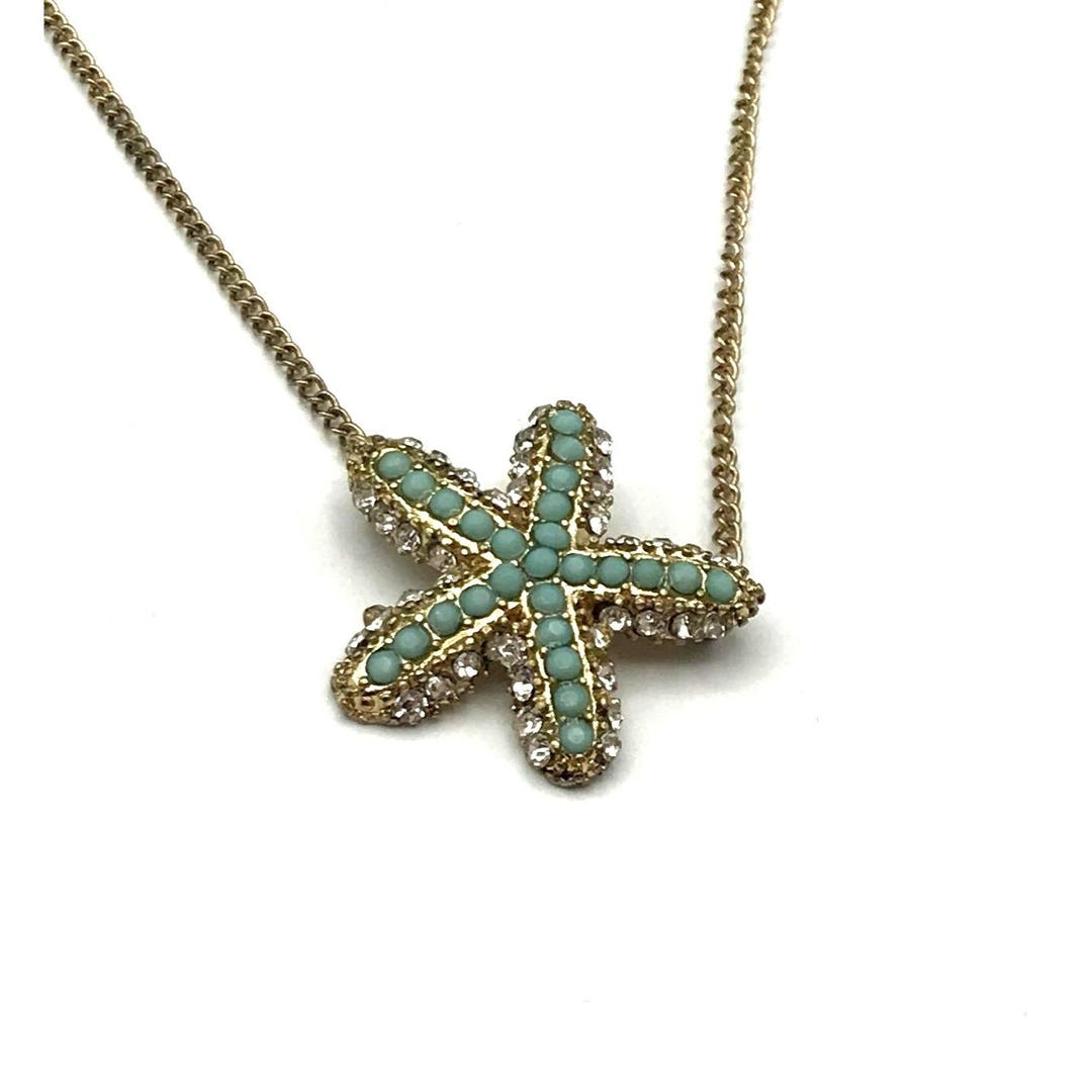 Vintage Starfish Pendant Necklace With Turquoise Beads & Rhinestones on ...