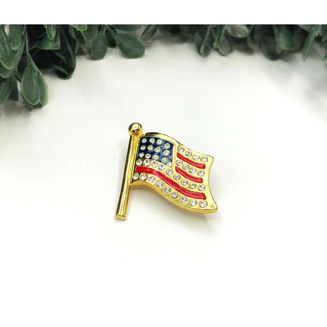 Brooch Gold Tone Flag Red Blue and White Rhinestones - Etsy