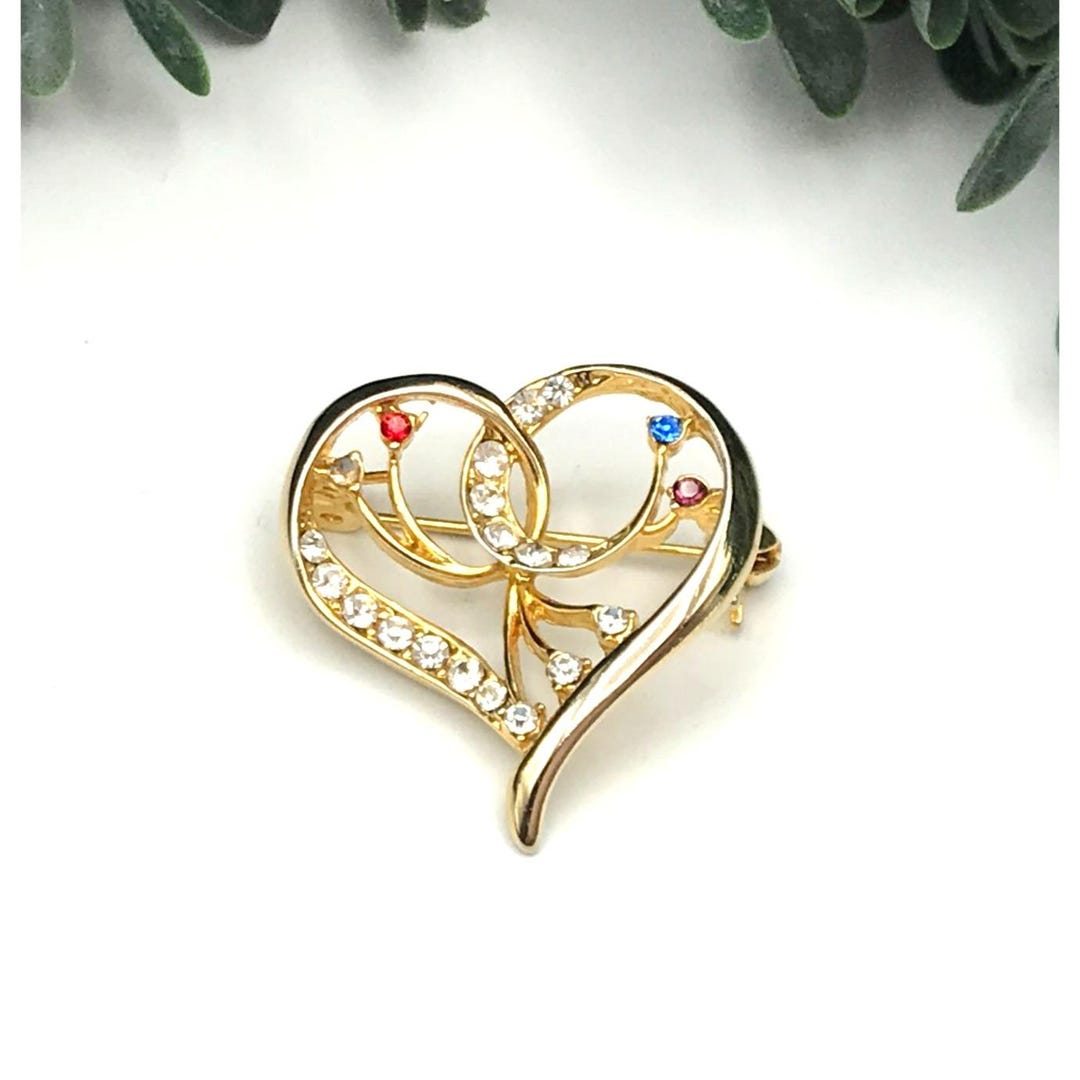 Vintage Gold-tone Heart Brooch With Crystals & Colored Stones - Etsy