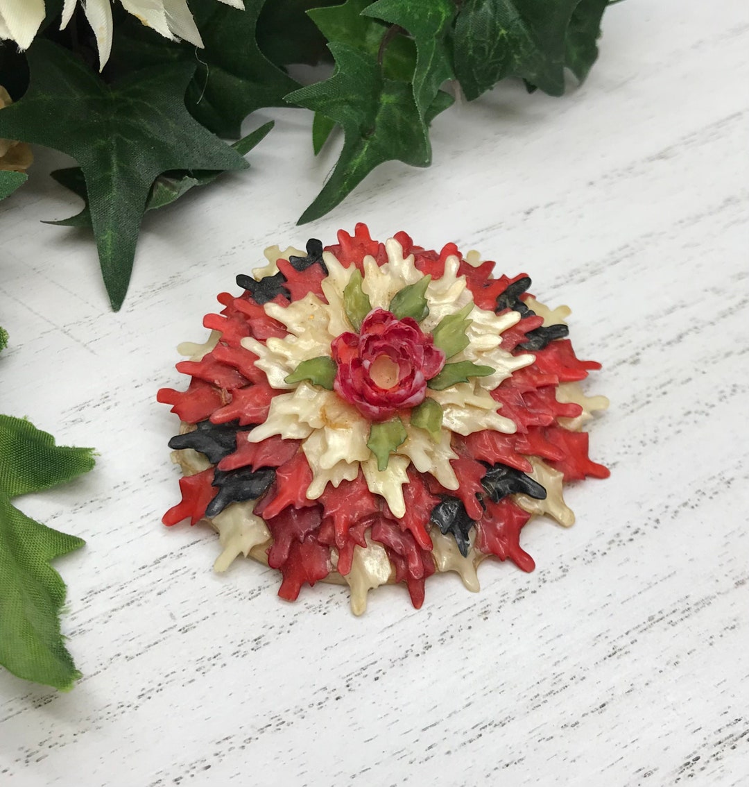Vintage Pin Brooch Sea Shell Design With Rose and Leaves Made of Shell ...