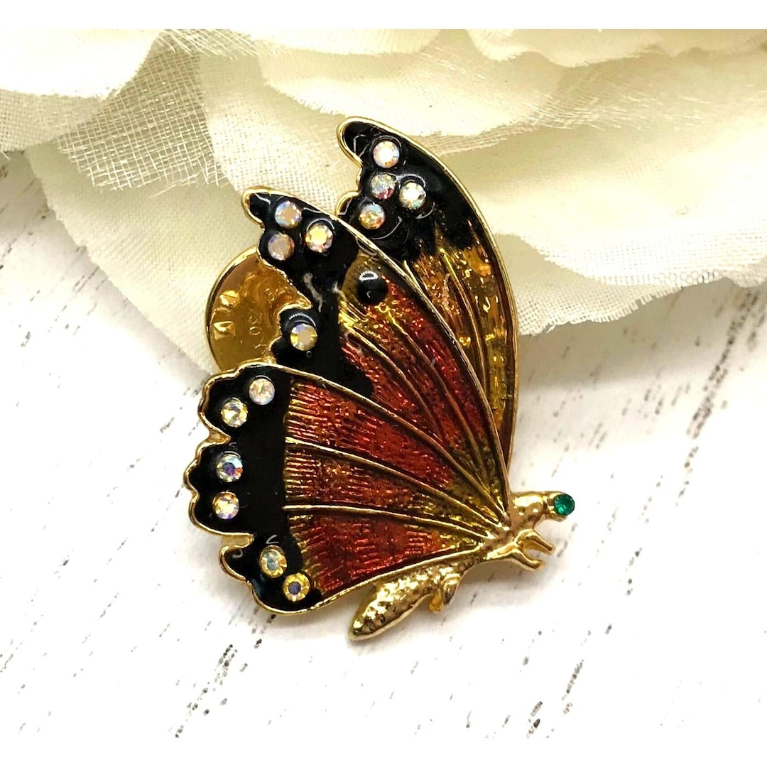Vintage Gold-tone Butterfly Lapel Pin With Rhinestones & Enamel Finish ...
