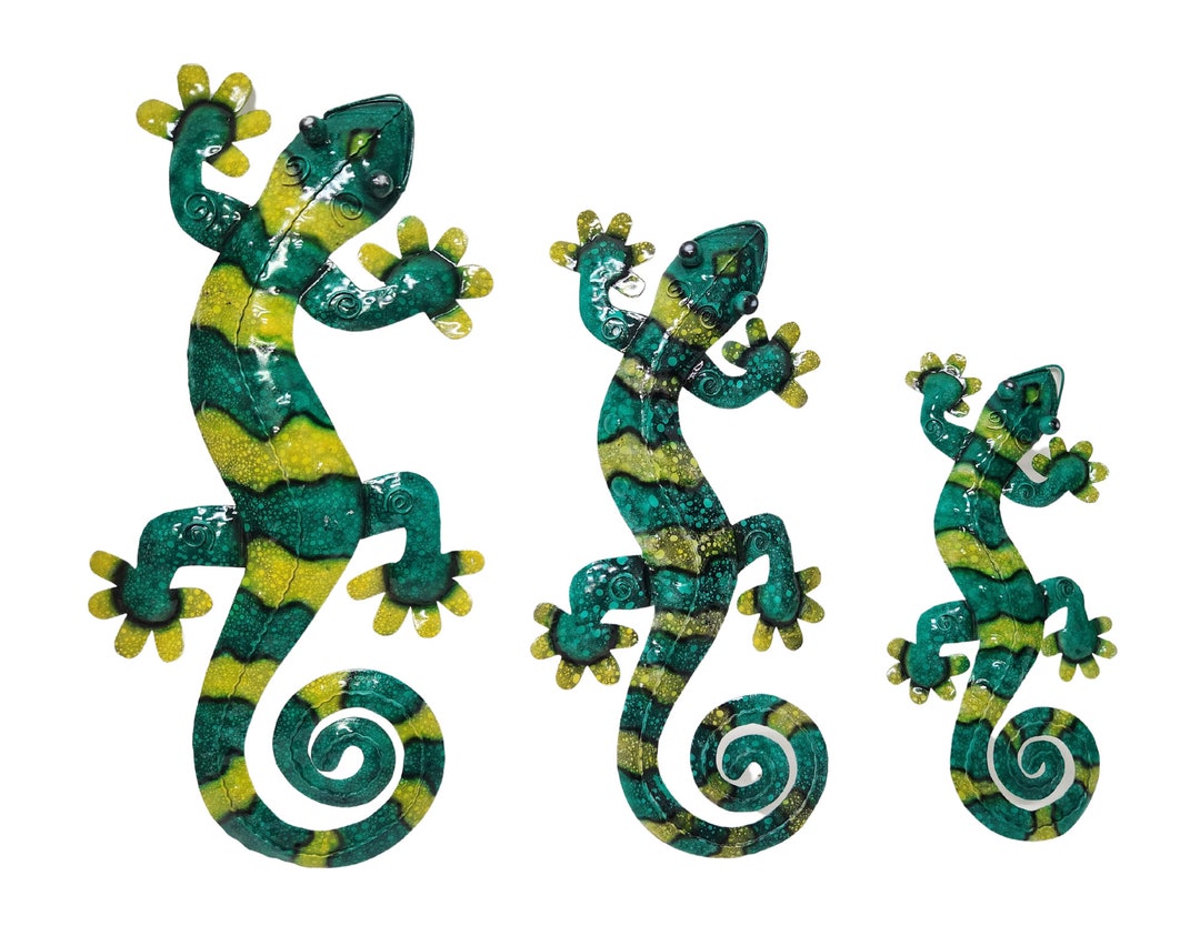 HUGE Set of 3 Beautiful Unique BLUE Gecko Lizard Metal Garden Lanai ...