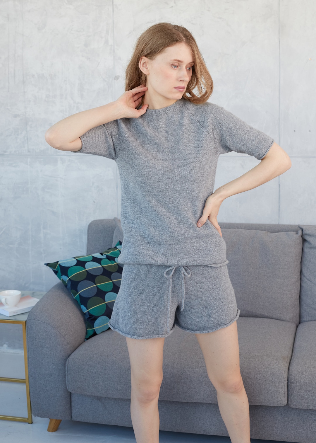 Cashmere Shirt and Shorts Pajama Set, Luxurious Cashmere Yoga Set, Pure ...