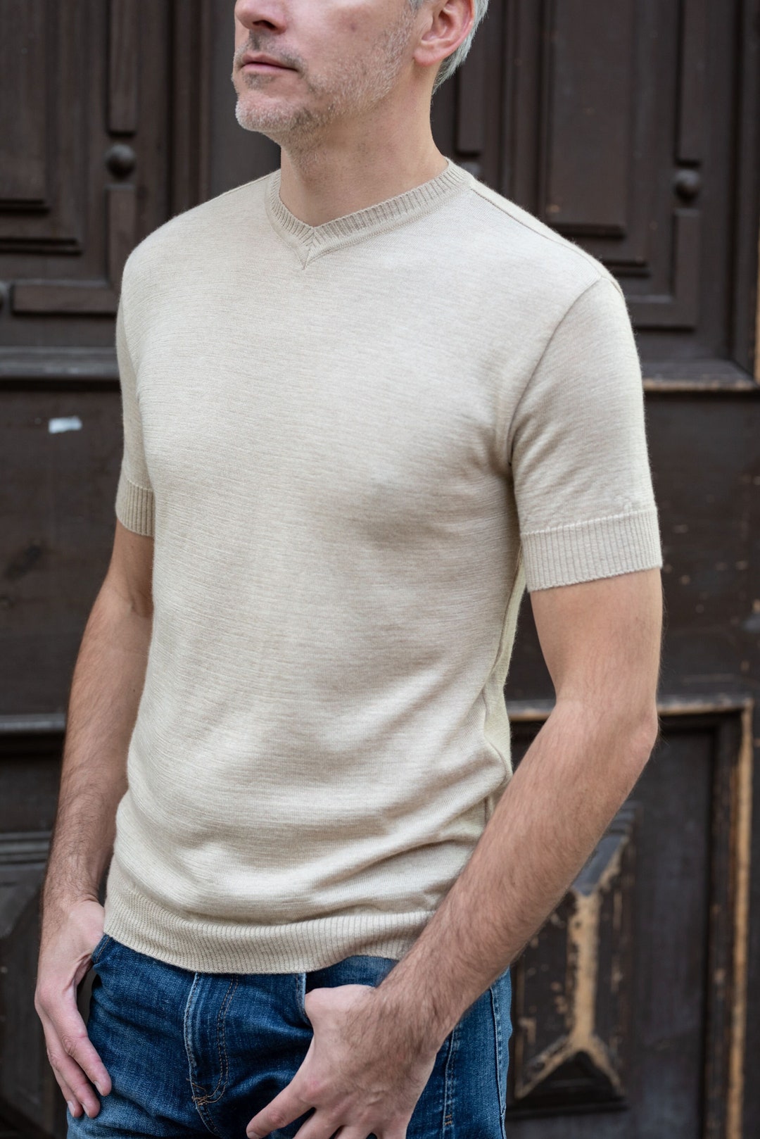 Premium Mens Cashmere and Silk Thin Shirt With Short Sleeves, Summer T ...