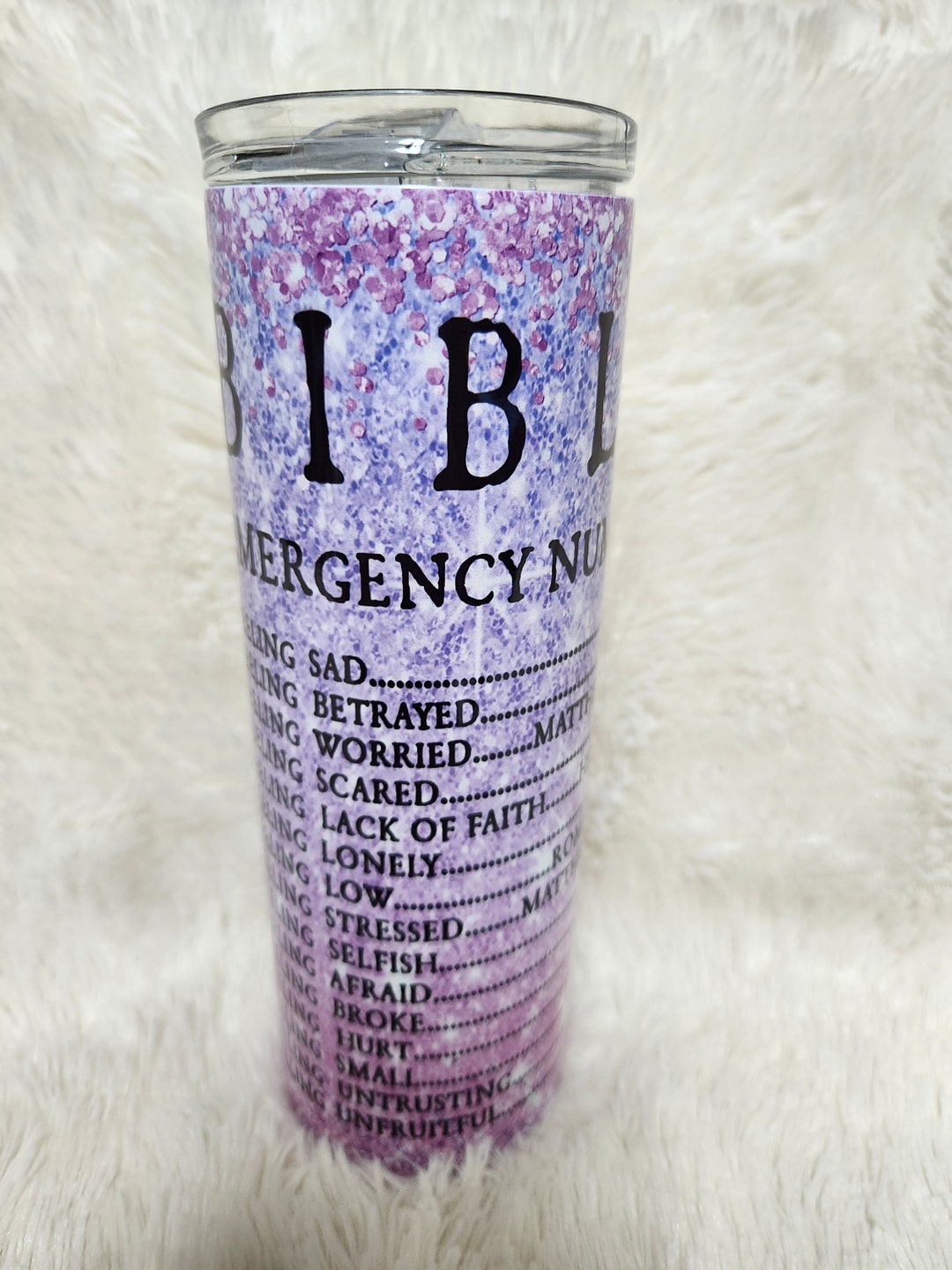 Bible Emergency Numbers Purple Sunflower Sublimated Skinny Tumbler// No ...