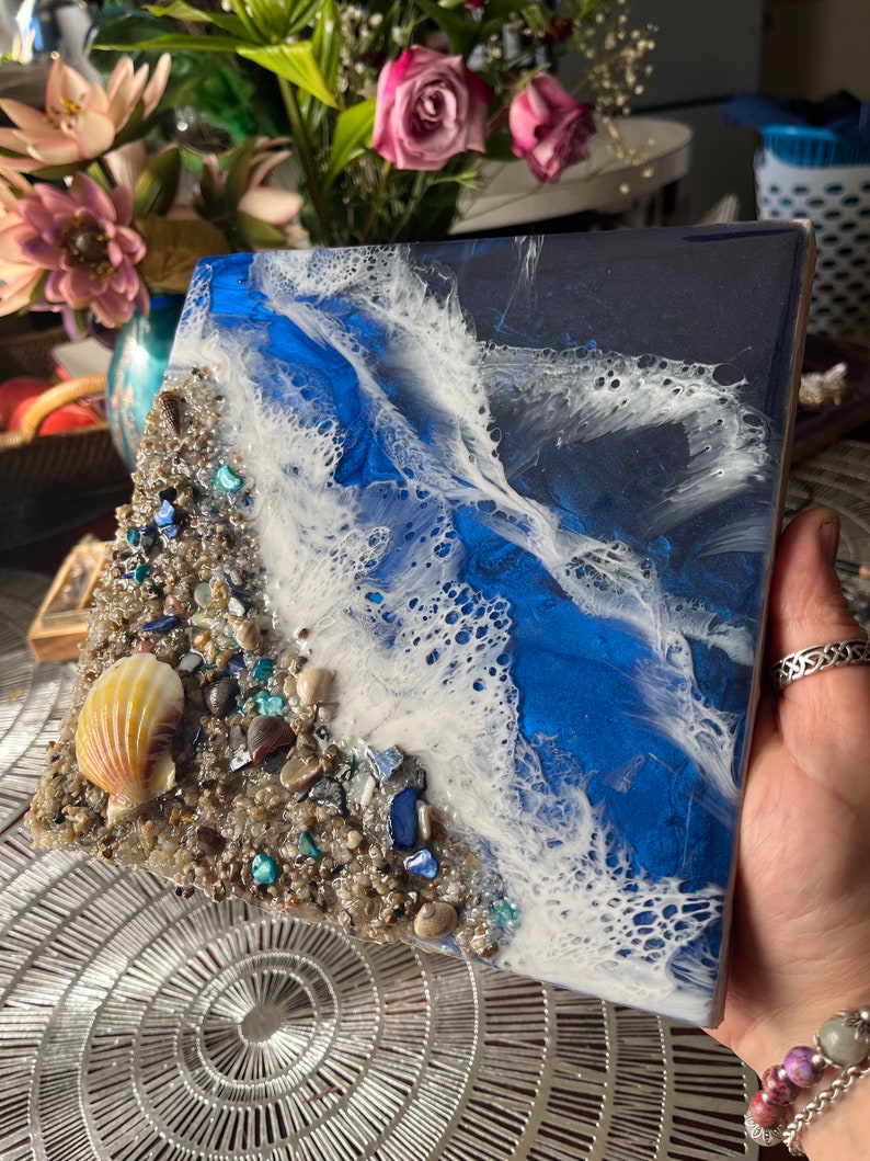 Ocean Resin Mixed Media Artwork 8x8 beach Artwork With Genuine Shells ...