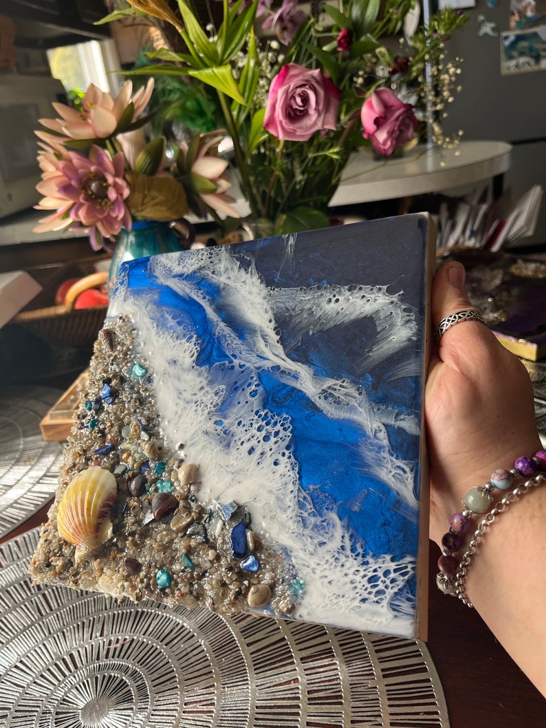 Ocean Resin Mixed Media Artwork 8x8 beach Artwork With Genuine Shells ...