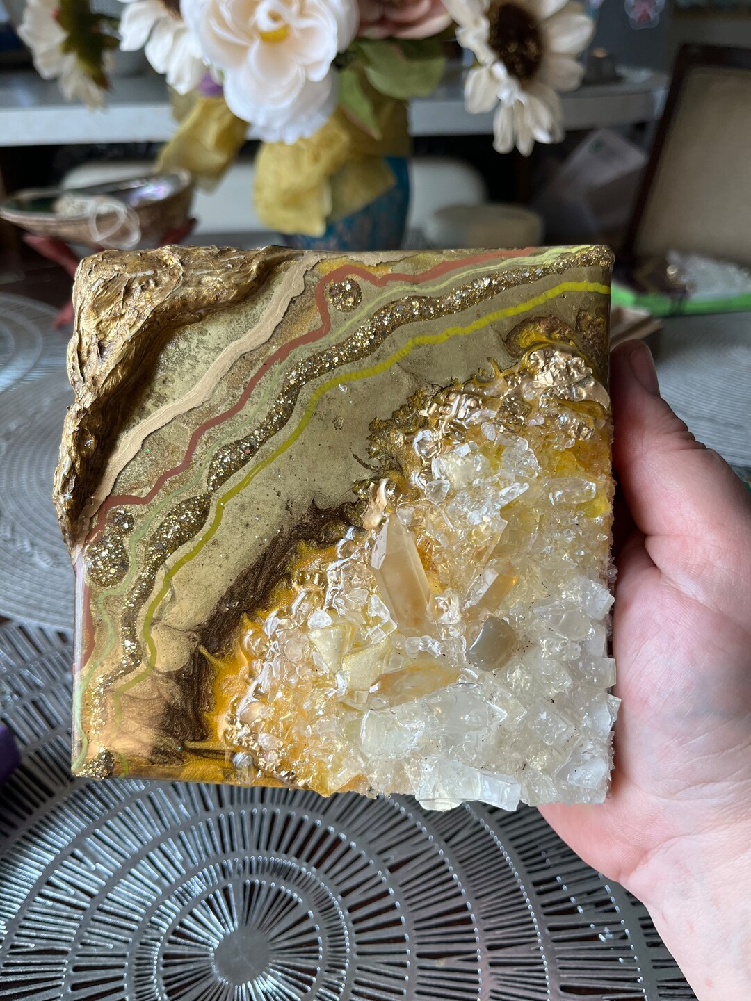 Crystal Resin Geode Artwork - Mini Genuine Crystal Geode Desk - Shelf ...