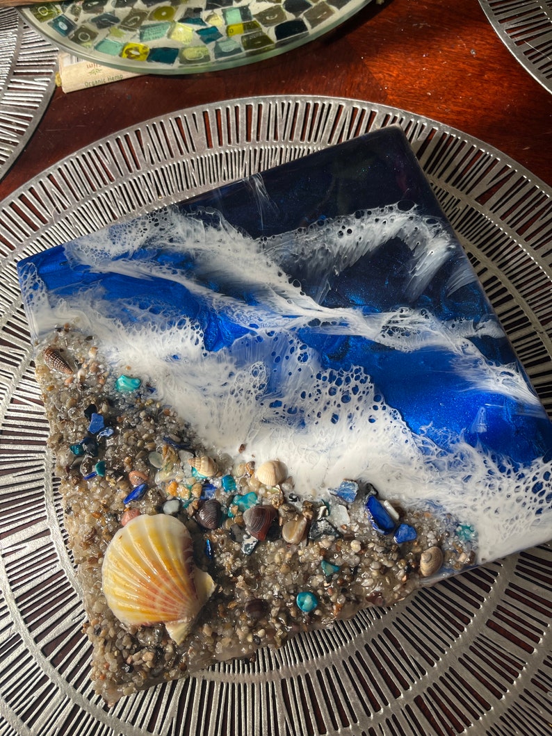 Ocean Resin Mixed Media Artwork 8x8 beach Artwork With Genuine Shells ...