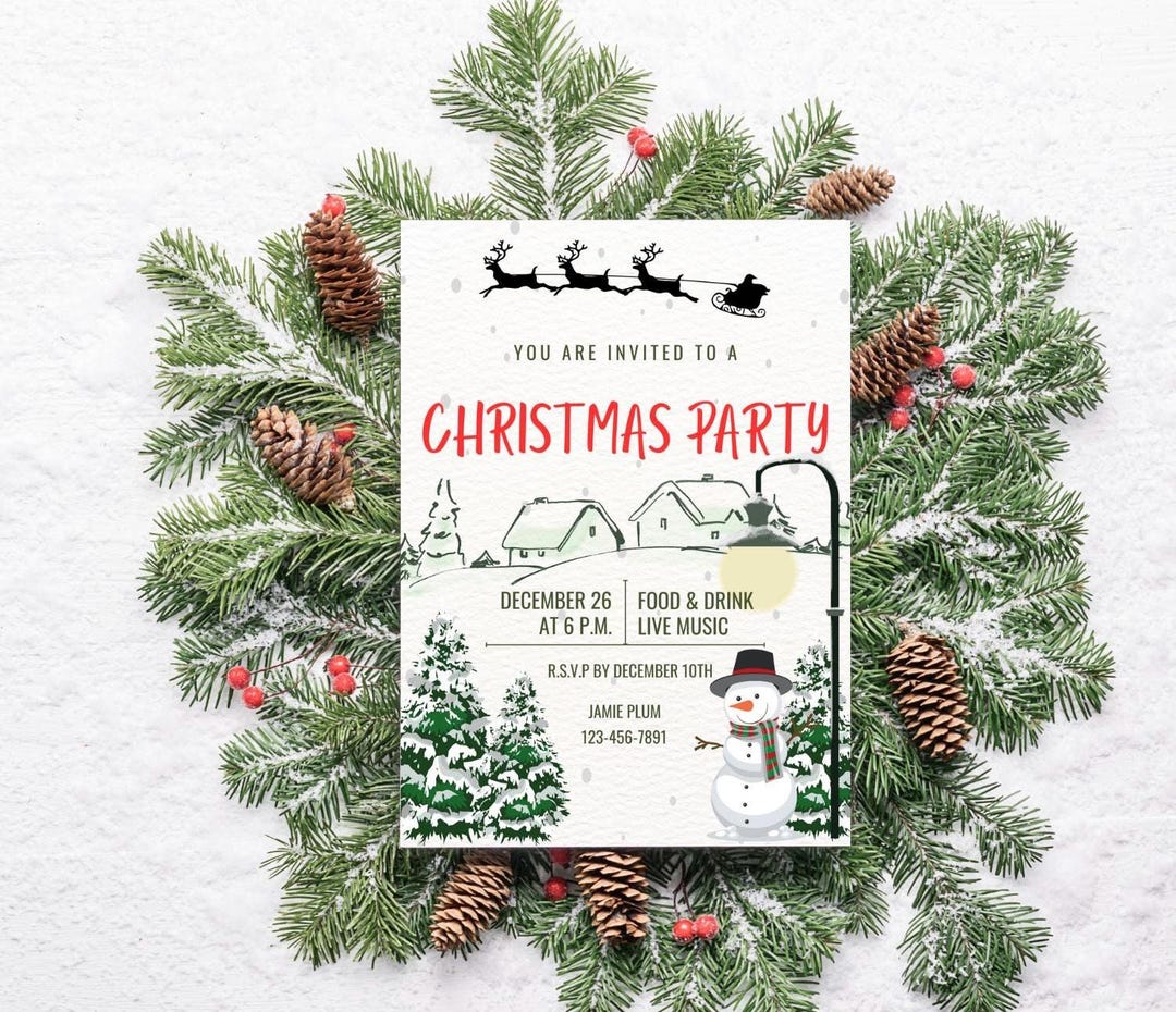 Christmas Party Invite. Snowman With Lamp Post and Snowy Trees. Ready ...