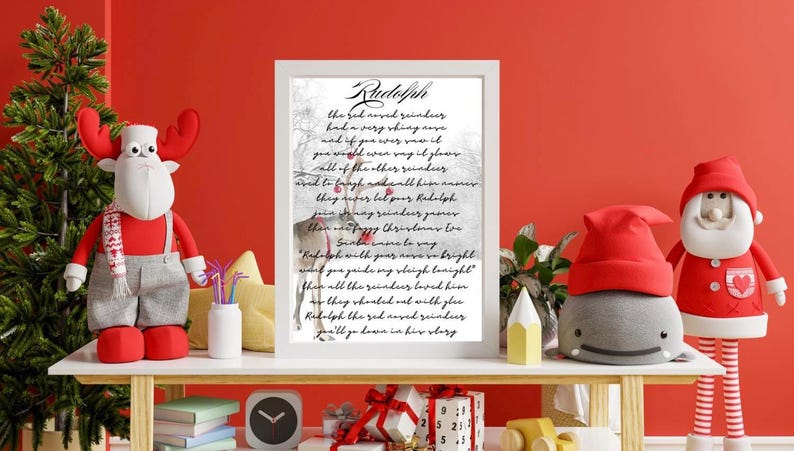 Rudolph the Red Nosed Reindeer Lyrics and Wall Art Print. Digital ...