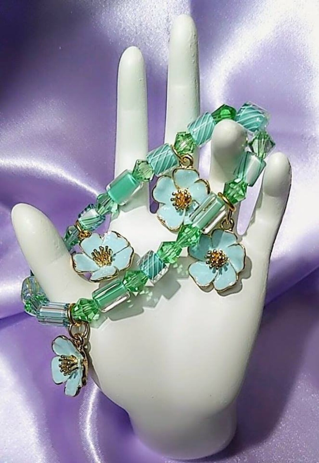 Charm Bracelet - Blue Flowers and Funnel Glass Hand Blown Beads - Etsy