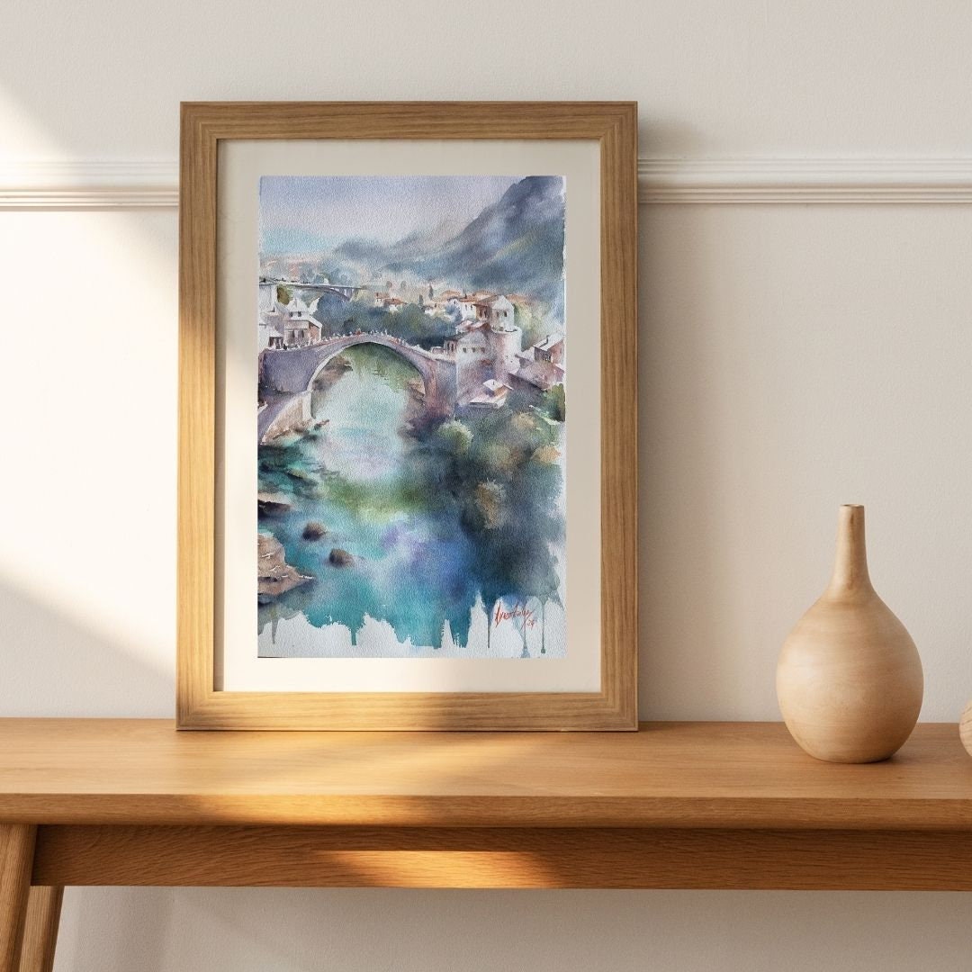 Mostar Bridge Painting, Original Watercolor Artwork, Handmade Wall ...