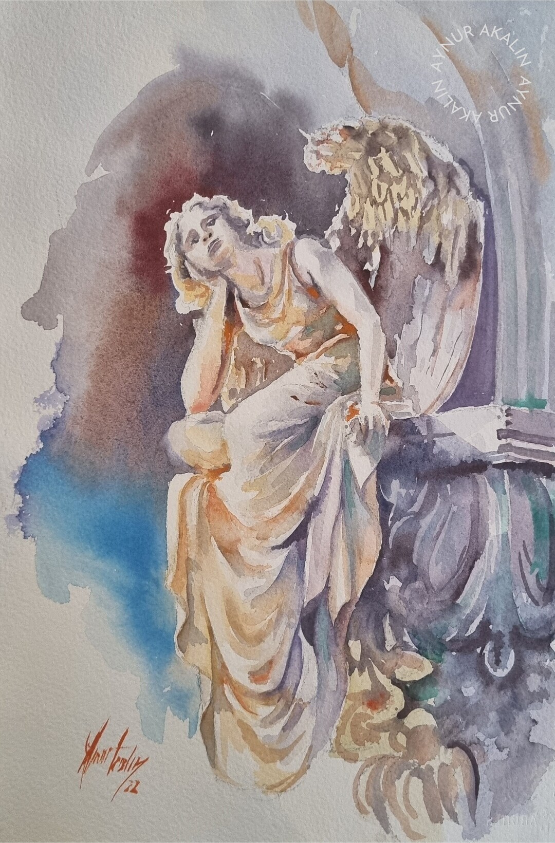 Original Angel Statue Watercolor Painting, Watercolor Paints Handmade ...
