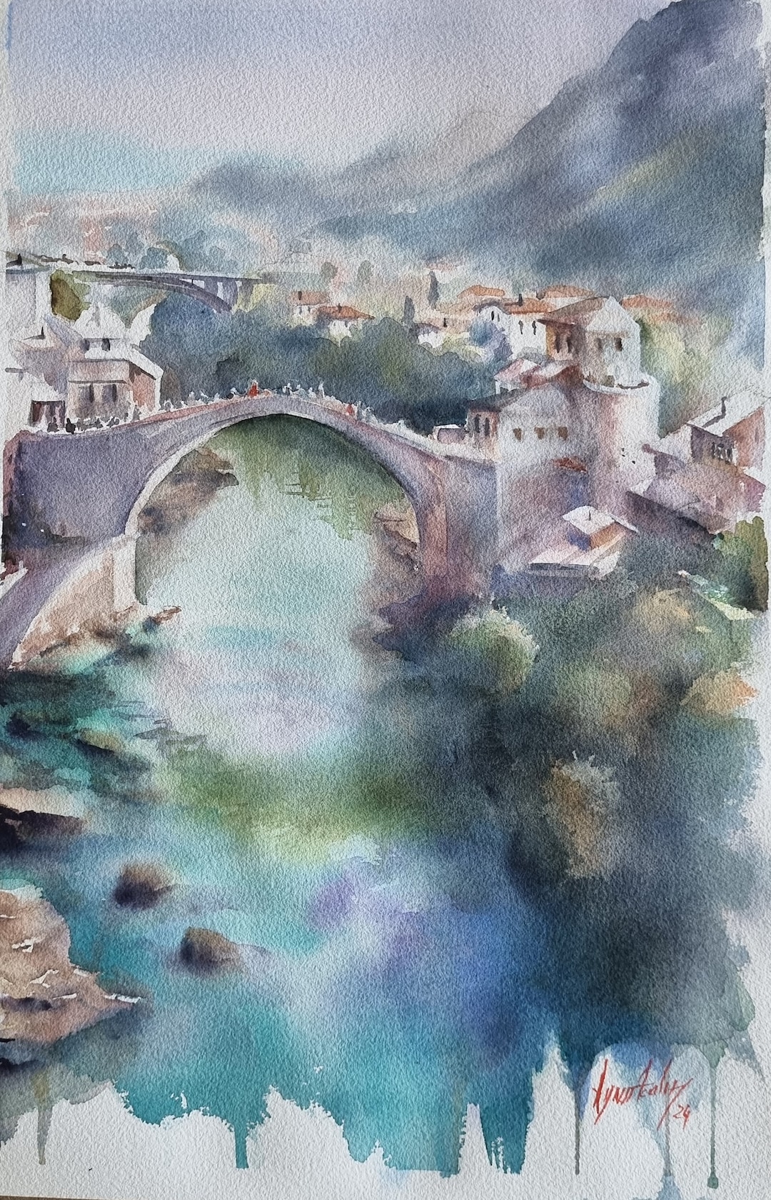 Mostar Bridge Painting, Original Watercolor Artwork, Handmade Wall ...