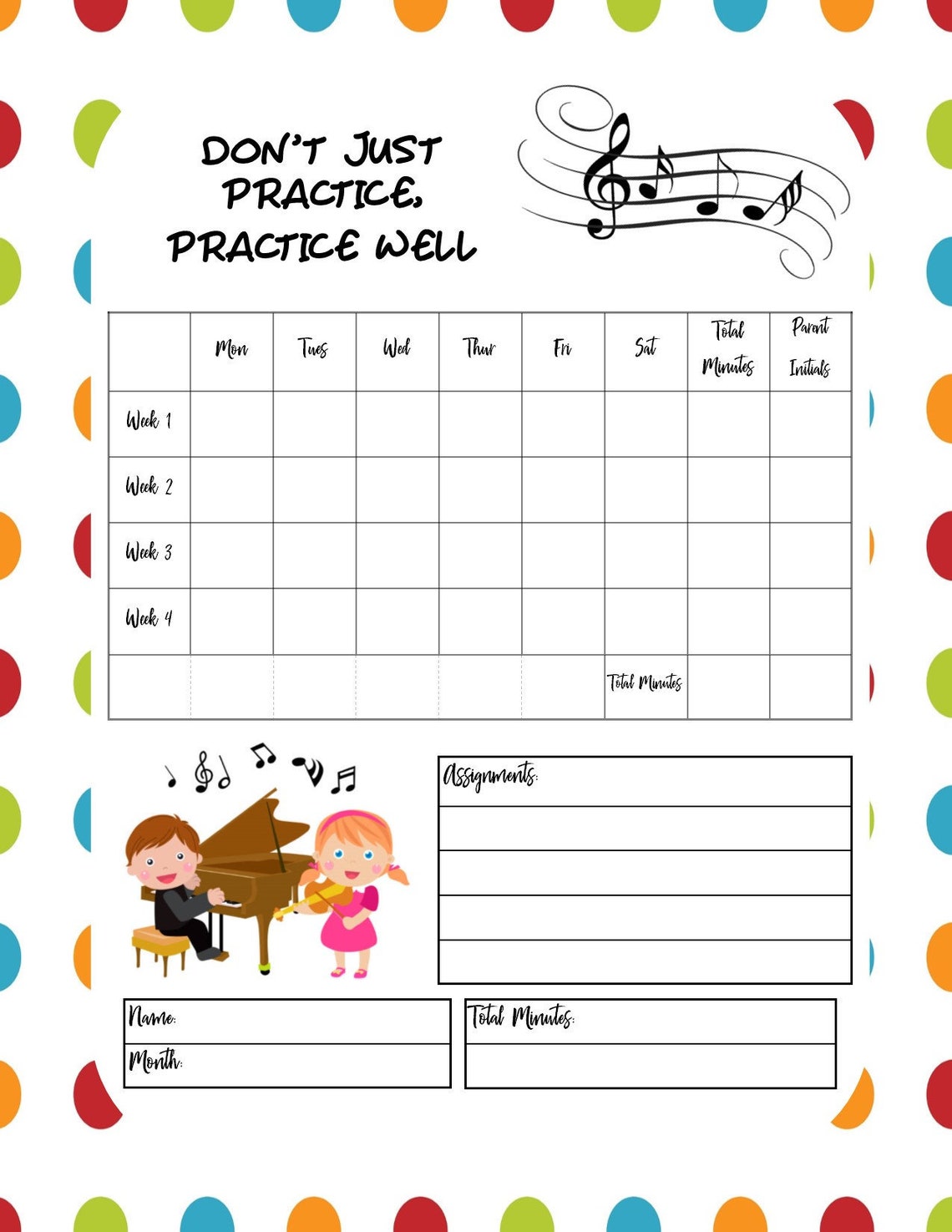 Music Practice Sheet With Multi Color Dots - Etsy