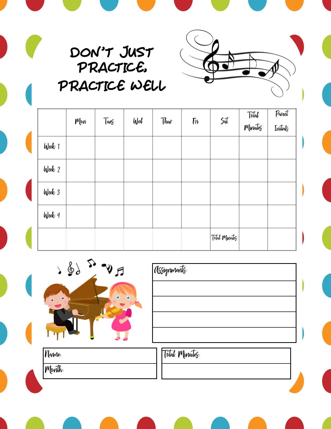 Music Practice Sheet With Multi Color Dots - Etsy