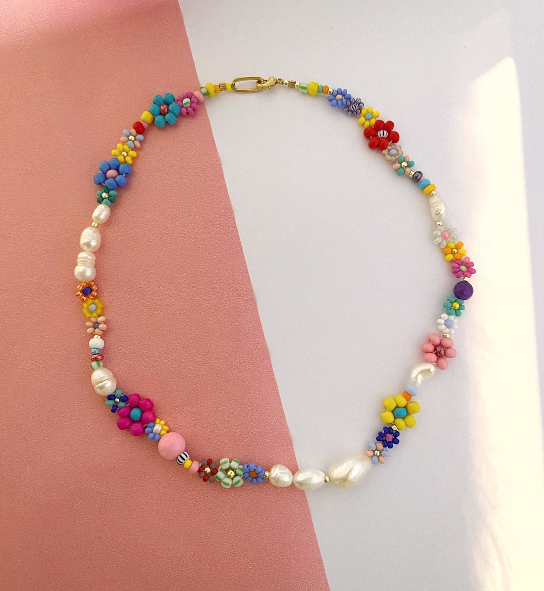 Cute Beaded Daisy Flower Pearl Necklace /flower Pearl Bead Necklace ...