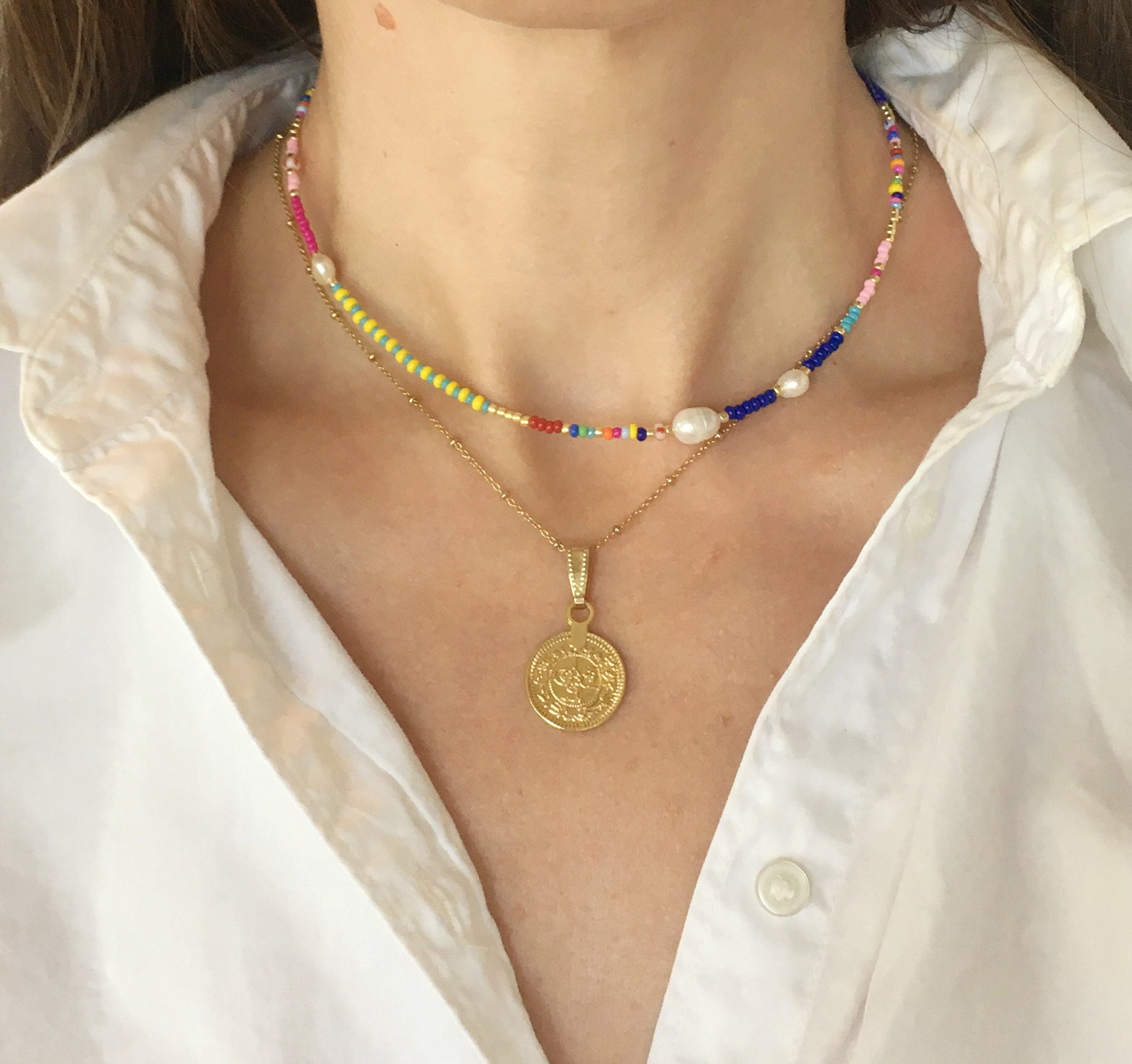 Multicolored Seed Beed Necklace/pearl Bead Necklace/dainty Bead ...