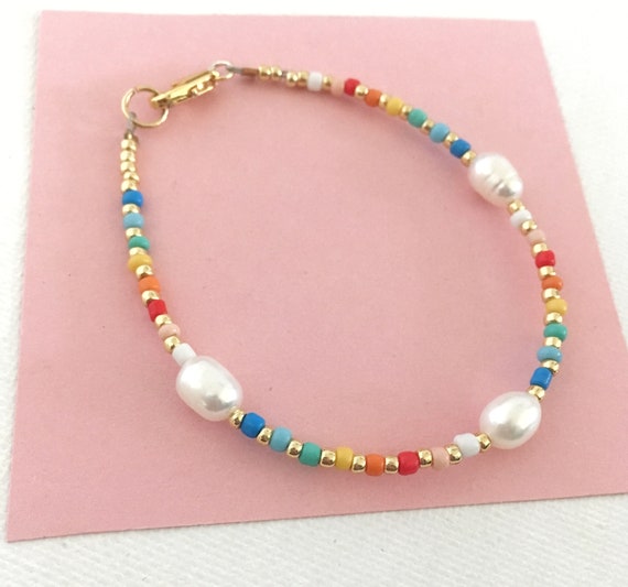 Rainbow Pearl Bracelet. Freshwater Pearl and Seedbeads. Colour Mix and Sea Pearl Bracelet. Etsy UK