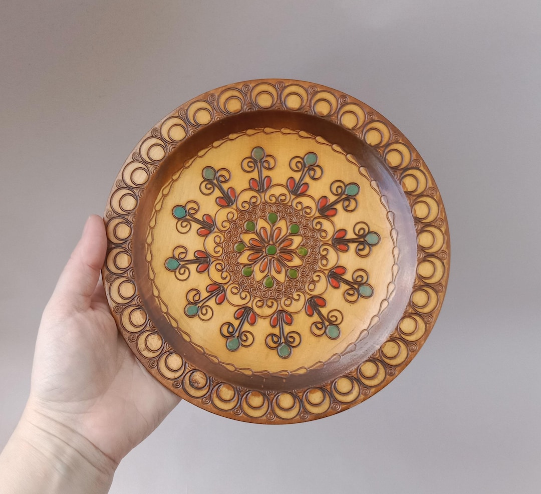 Vintage Wooden Plate Wall Decor With Pyrography Hand Painted Cottage ...