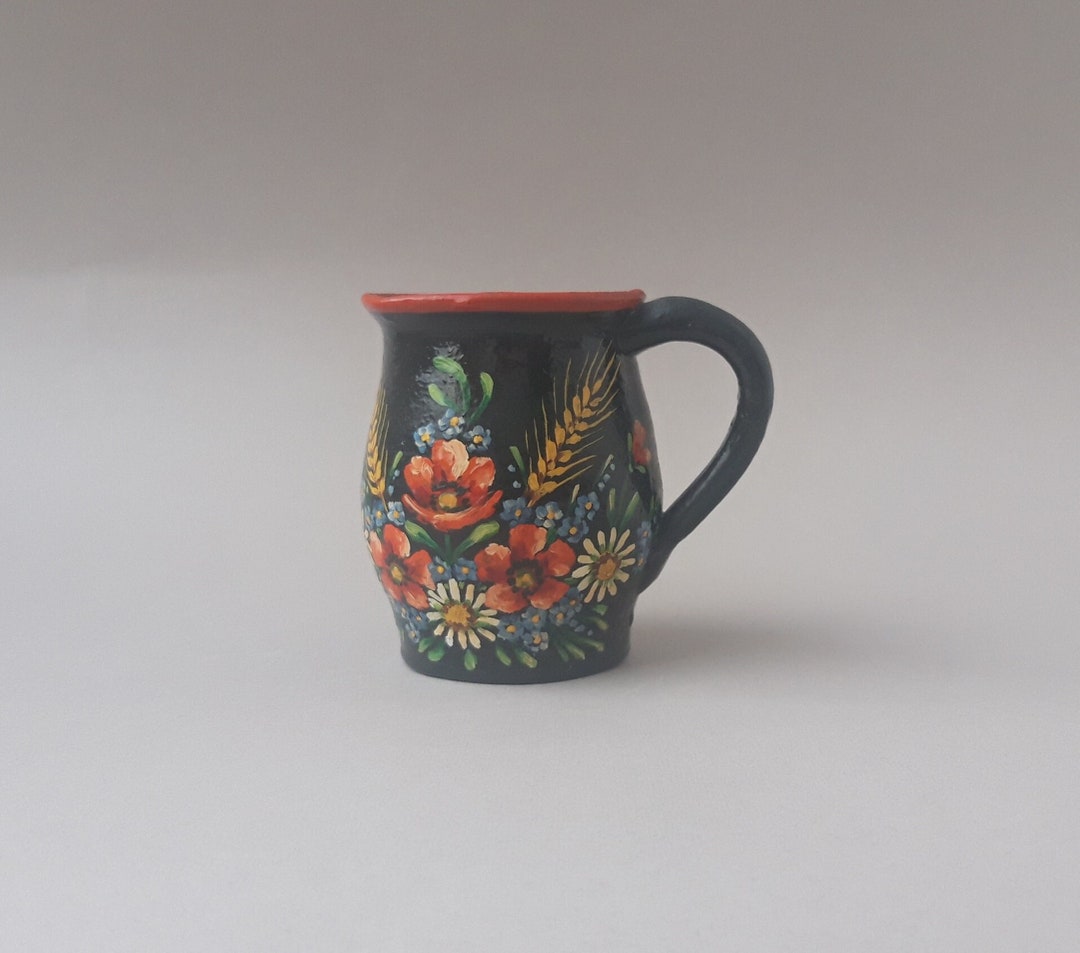 Cup Hand Painted Ceramic Vintage 200ml Black 4" Floral Motif ...