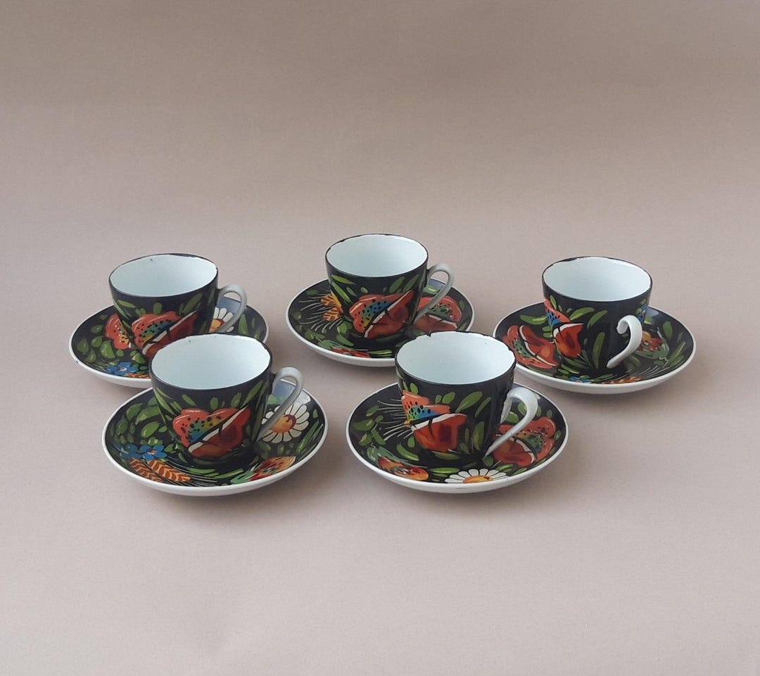 Vintage Ceramic Cups and Saucers Set Hand Painted 10 Psc Czechoslovakia ...