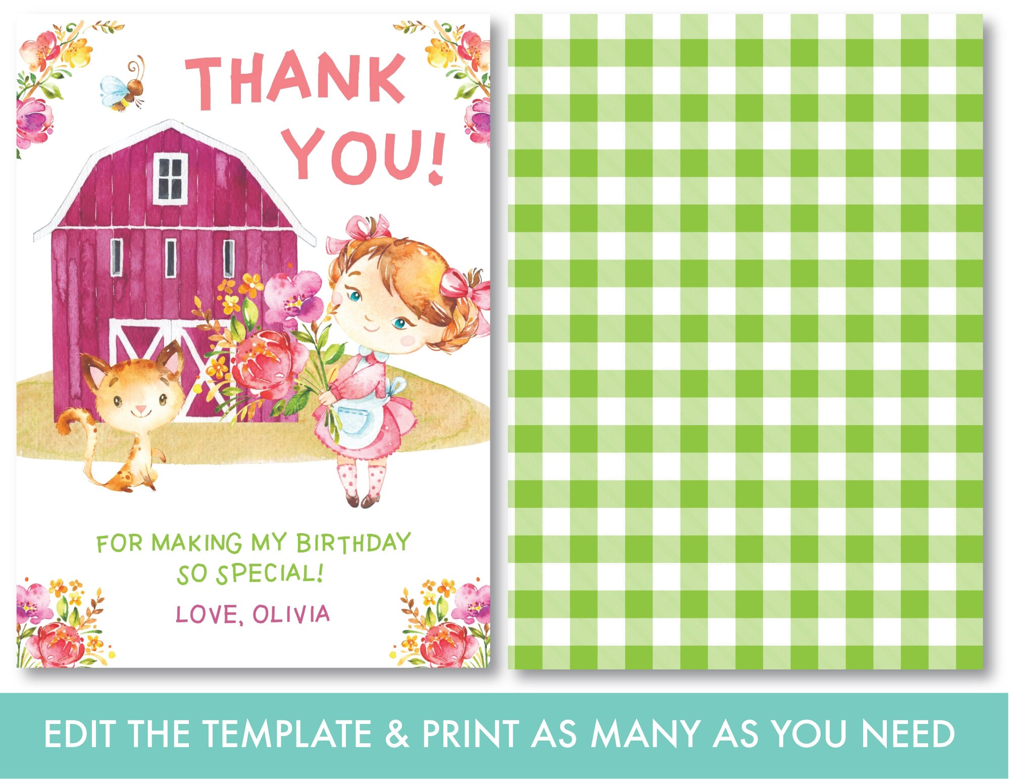 Farm Thank You Card Girl Country Barnyard Thank You Card Farm - Etsy