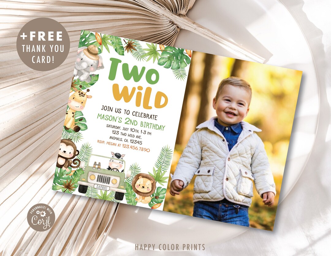 Two Wild Birthday Invitation Safari Animals Birthday Invite Jungle ...