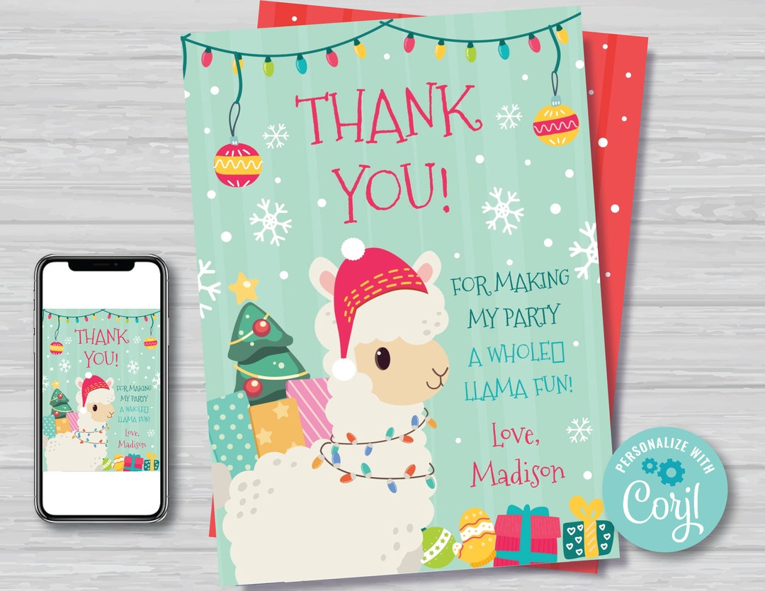 Llama Christmas Thank You Card Llama Holiday Llama Christmas Birthday ...