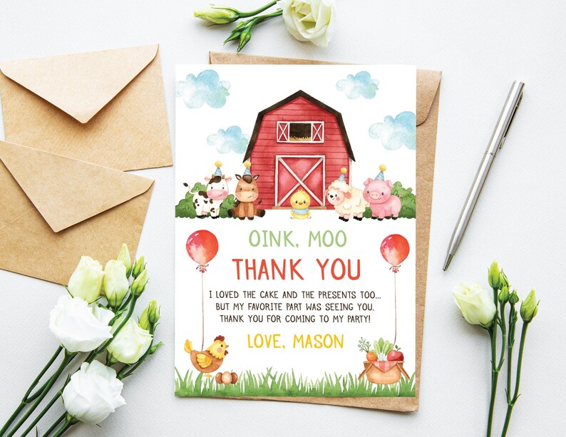 Farm Thank You Card Boy Farm Animals Birthday Thank You Note | Etsy