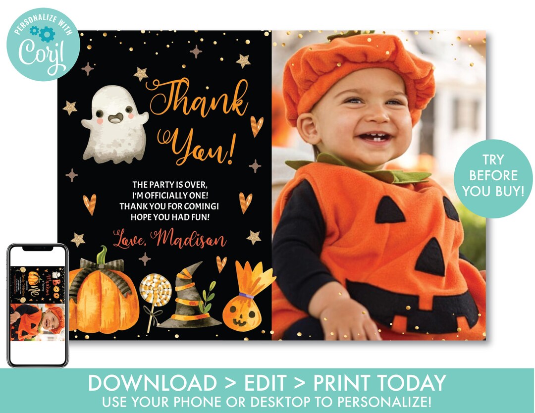 Pumpkin Thank You Card With Photo Girl's Halloween Party Thank You Card ...