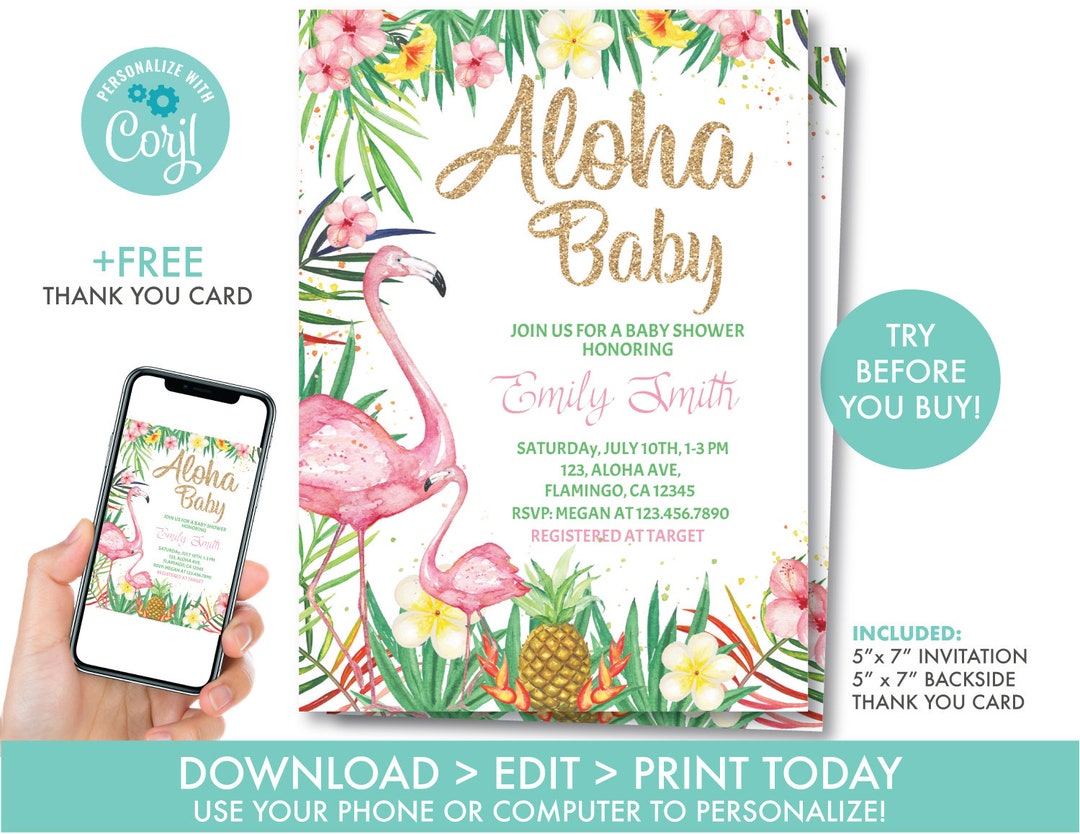 Aloha Baby Shower Invitation Flamingo Baby Shower Invitation Tropical ...