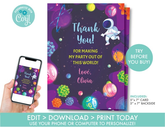 Outer Space Thank You Card Girls Astronaut Thank You Card Galaxy Thank ...