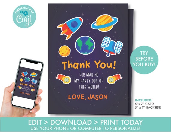 Outer Space Thank You Card Boys Rocket Astronaut Thank You Card Out Of ...