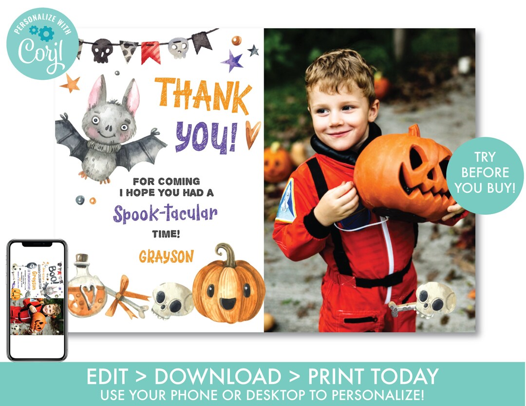 Halloween Thank You Card With Photo Halloween Party Thank You Card ...