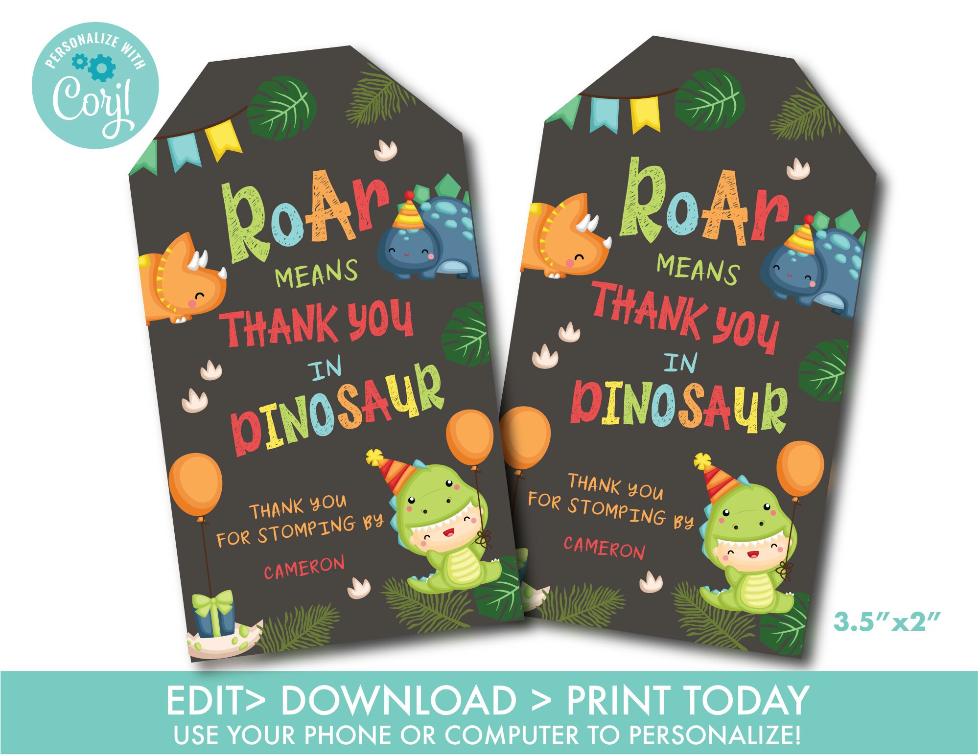 Dinosaur Thank You Tags Dinosaur Birthday Party Gift Tags - Etsy