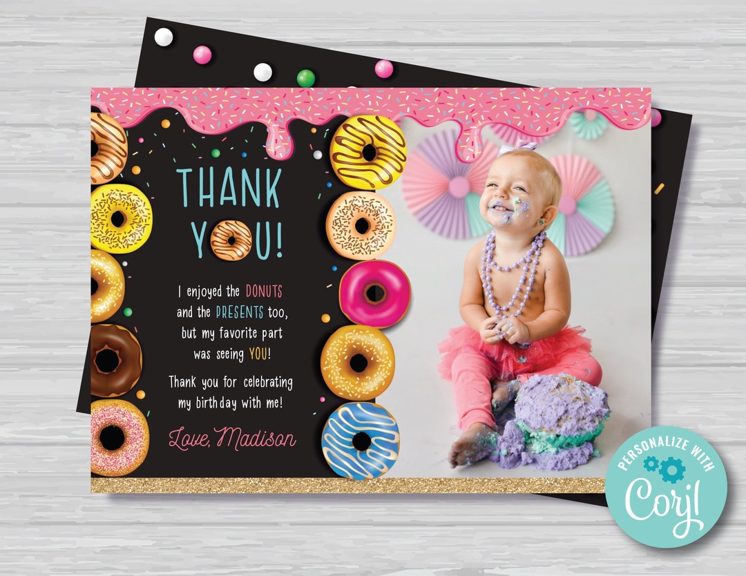 Donut Thank You Card With Photo Donut Party Doughnut Thank You Card ...