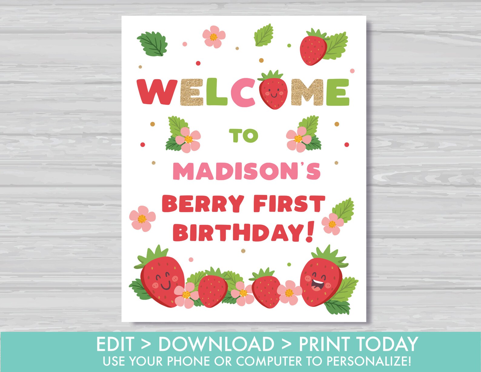 Editable Strawberry Welcome Sign Strawberry Party Decorations | Etsy