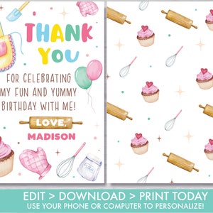 Baking Birthday Thank You Card Cupcake Decorating Thank You Note Kids ...