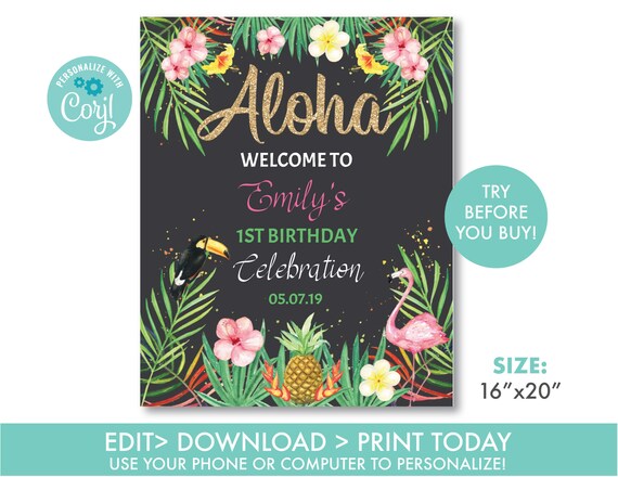 Aloha Tropical 1st Birthday Welcome Sign Hawaiian Luau Welcome Sign ...
