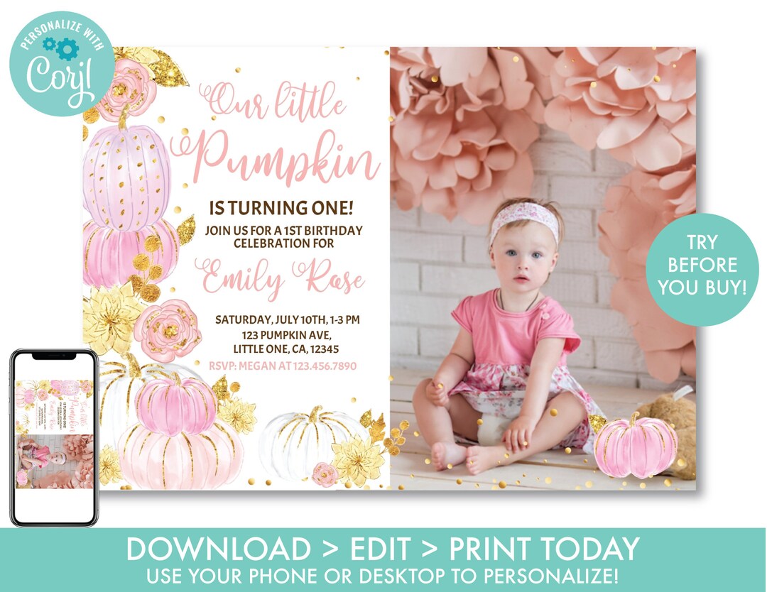 Editable Pumpkin First Birthday Invitation With Photo Our Little ...