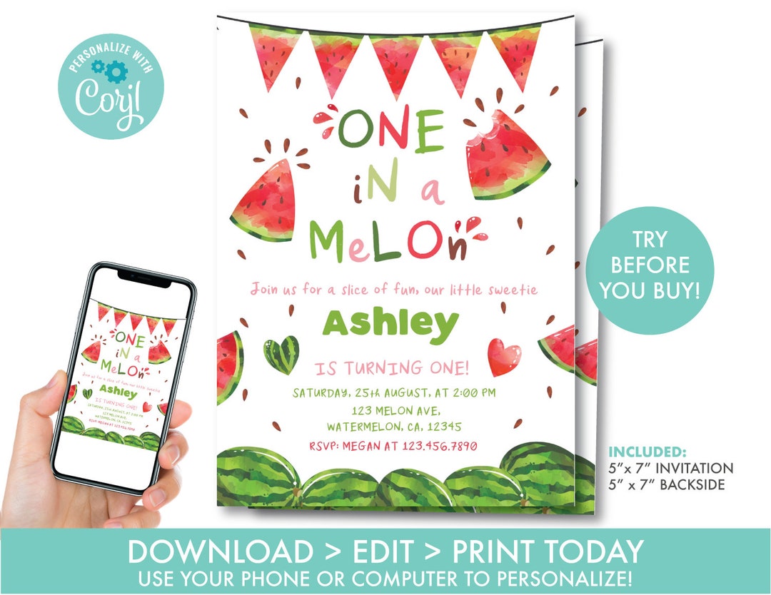 EDITABLE Watermelon Birthday Invitation, One in a Melon Invitation ...
