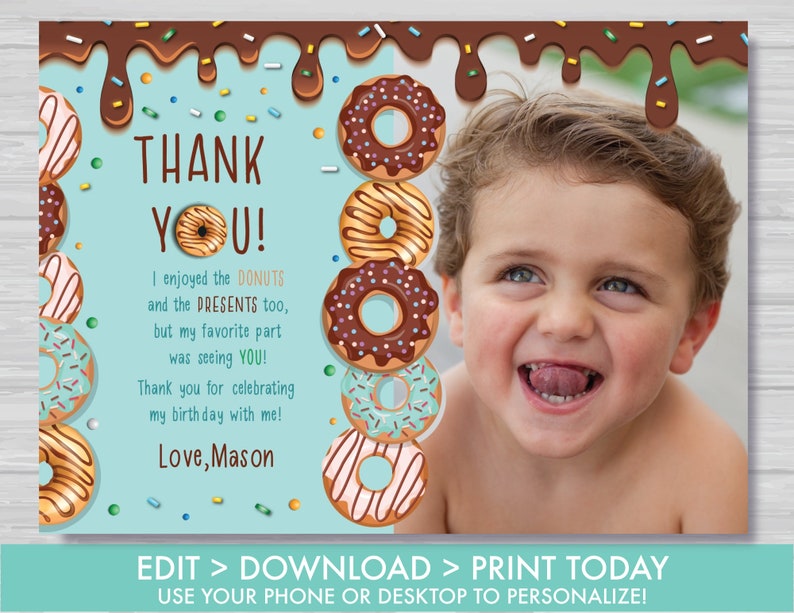 Donut Thank You Card With Photo Boy's Donut Birthday Thank - Etsy
